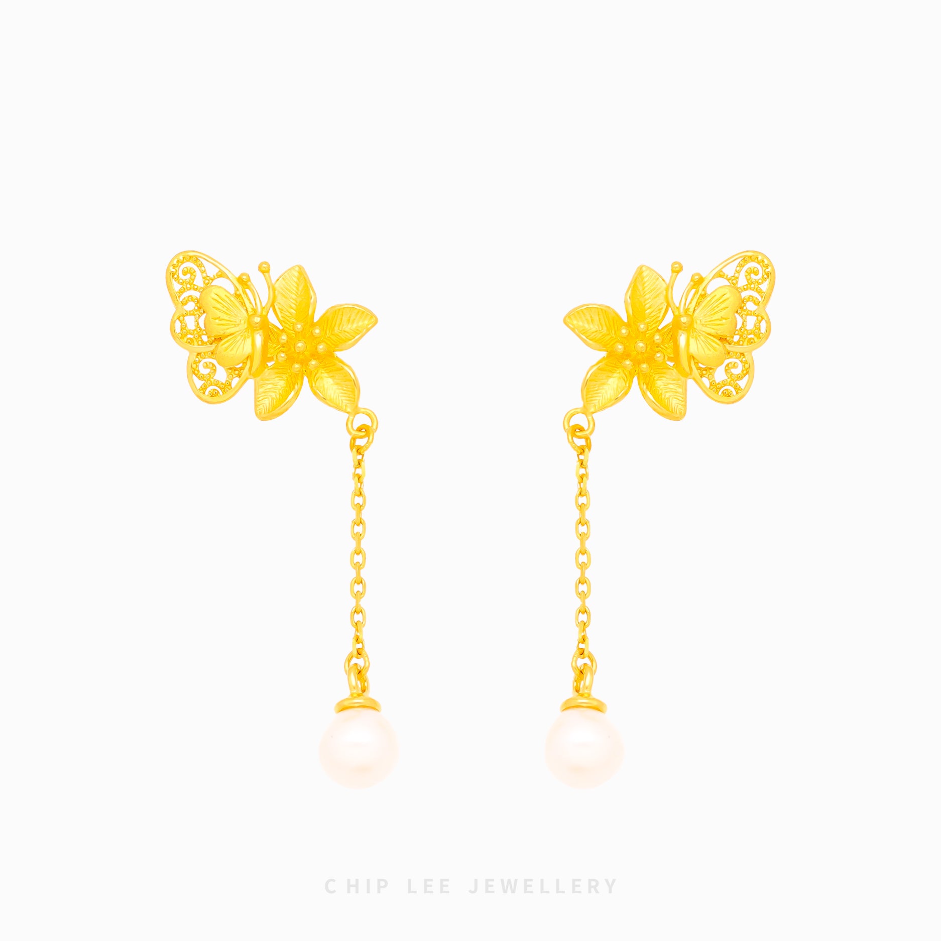 999 Pure Gold Floral Butterfly Pearl Earring | Chip Lee Jewellery